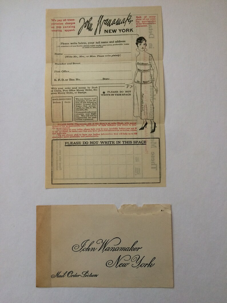 John Wanamaker NYC Mail Order Form and Envelope Circa 1920s - Etsy