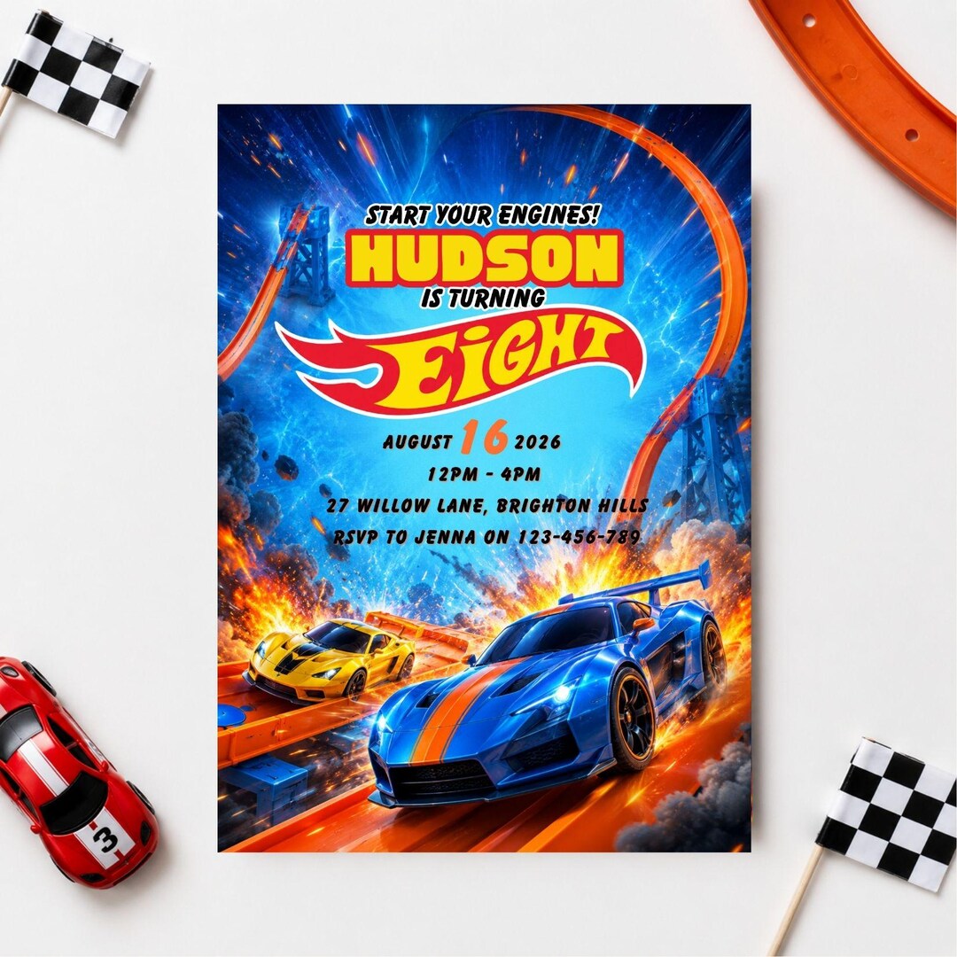 Hot Wheels 8th Birthday Invitation Editable, Race Car Birthday Invite ...
