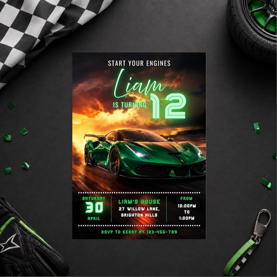 Race Car 12th Birthday Invitation Template, Editable Supercar Birthday ...