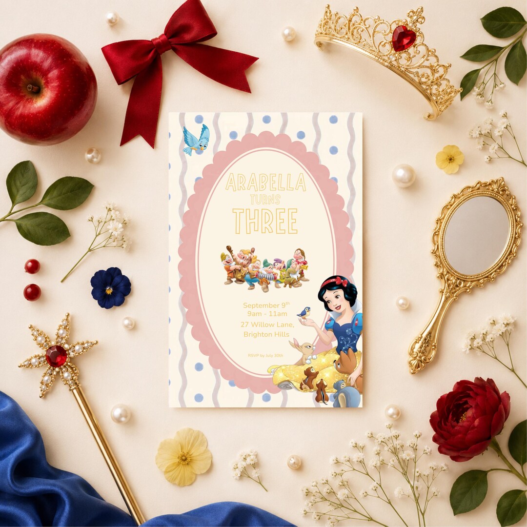 Snow White 3rd Birthday Invitation Template, Editable Fairytale ...