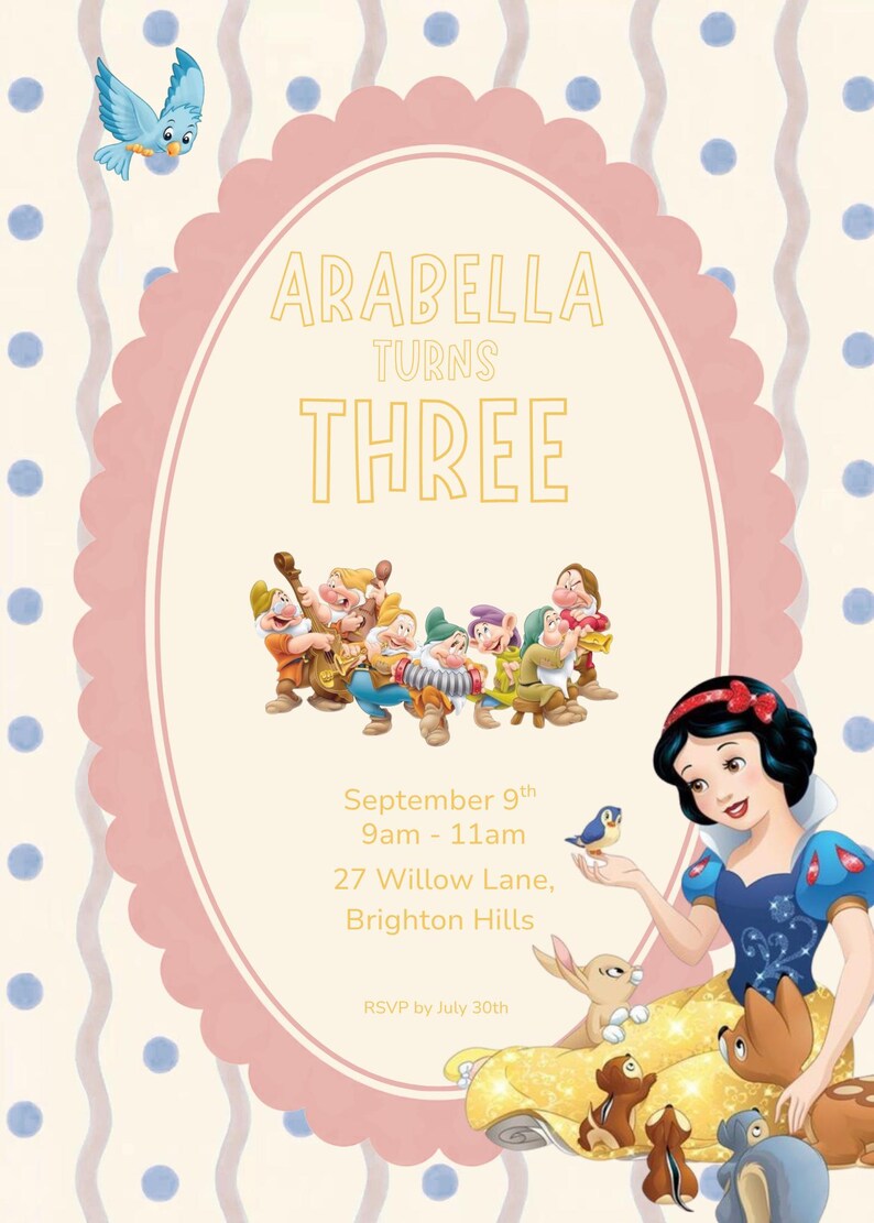Snow White 3rd Birthday Invitation Template, Editable Fairytale ...
