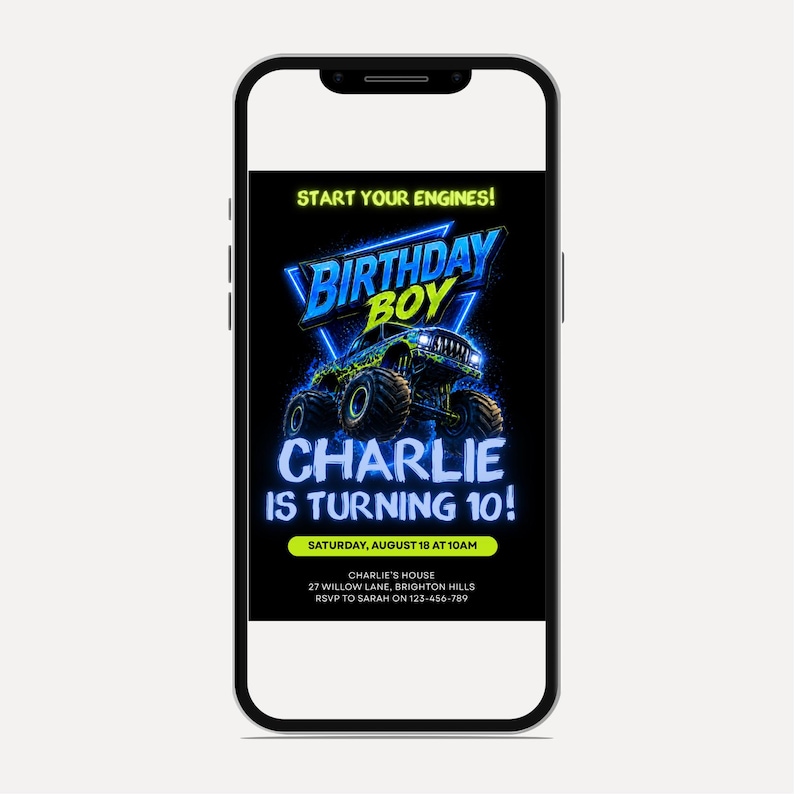10th Monster Truck Birthday Invitation Editable Template, Neon Monster ...
