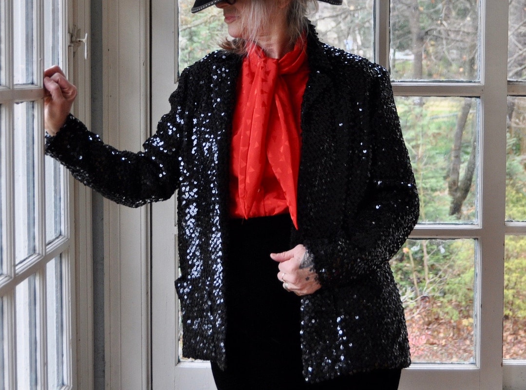 60s 70s Vintage Sparkling Black Sequin Man-tailored Blazer/anthony Muto ...