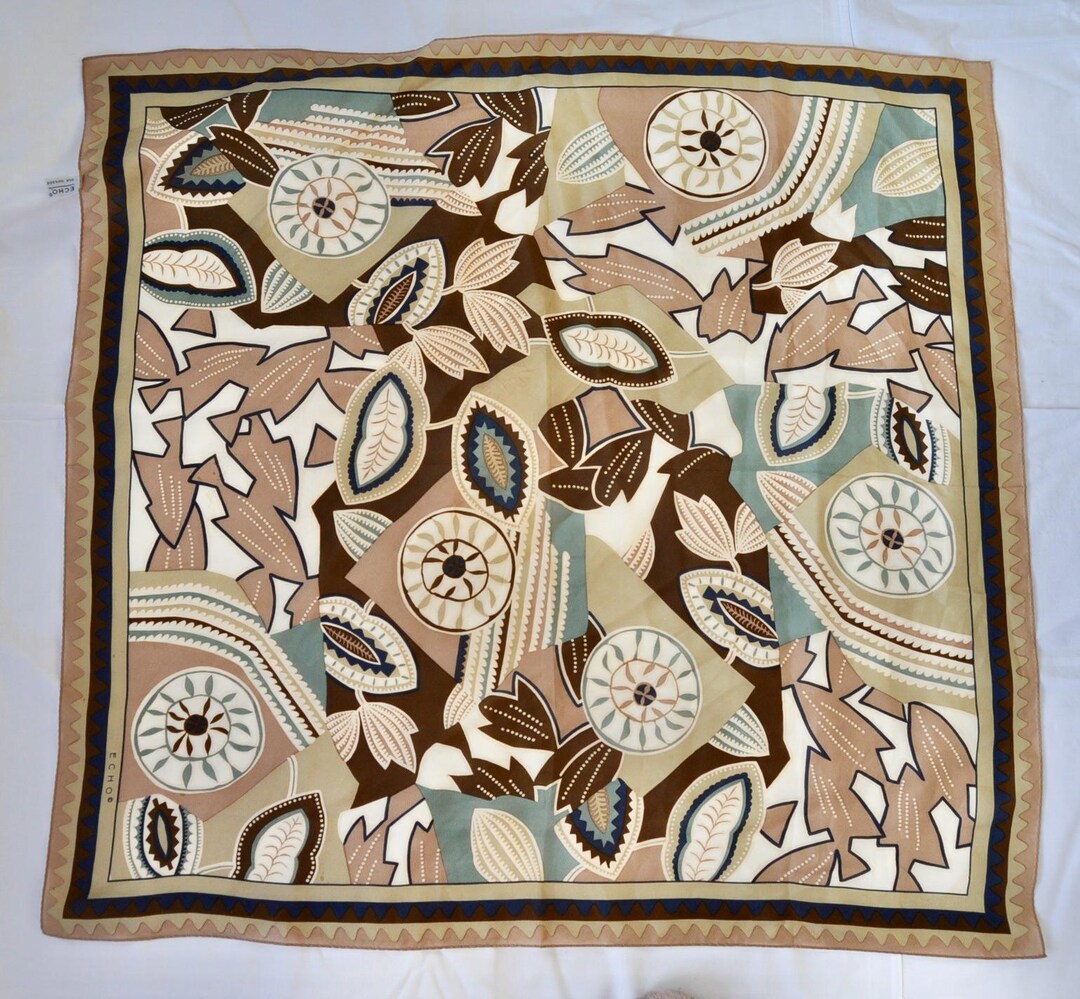 Vintage Echo Large Square Silk Scarf: Beige and Blue, Native American ...