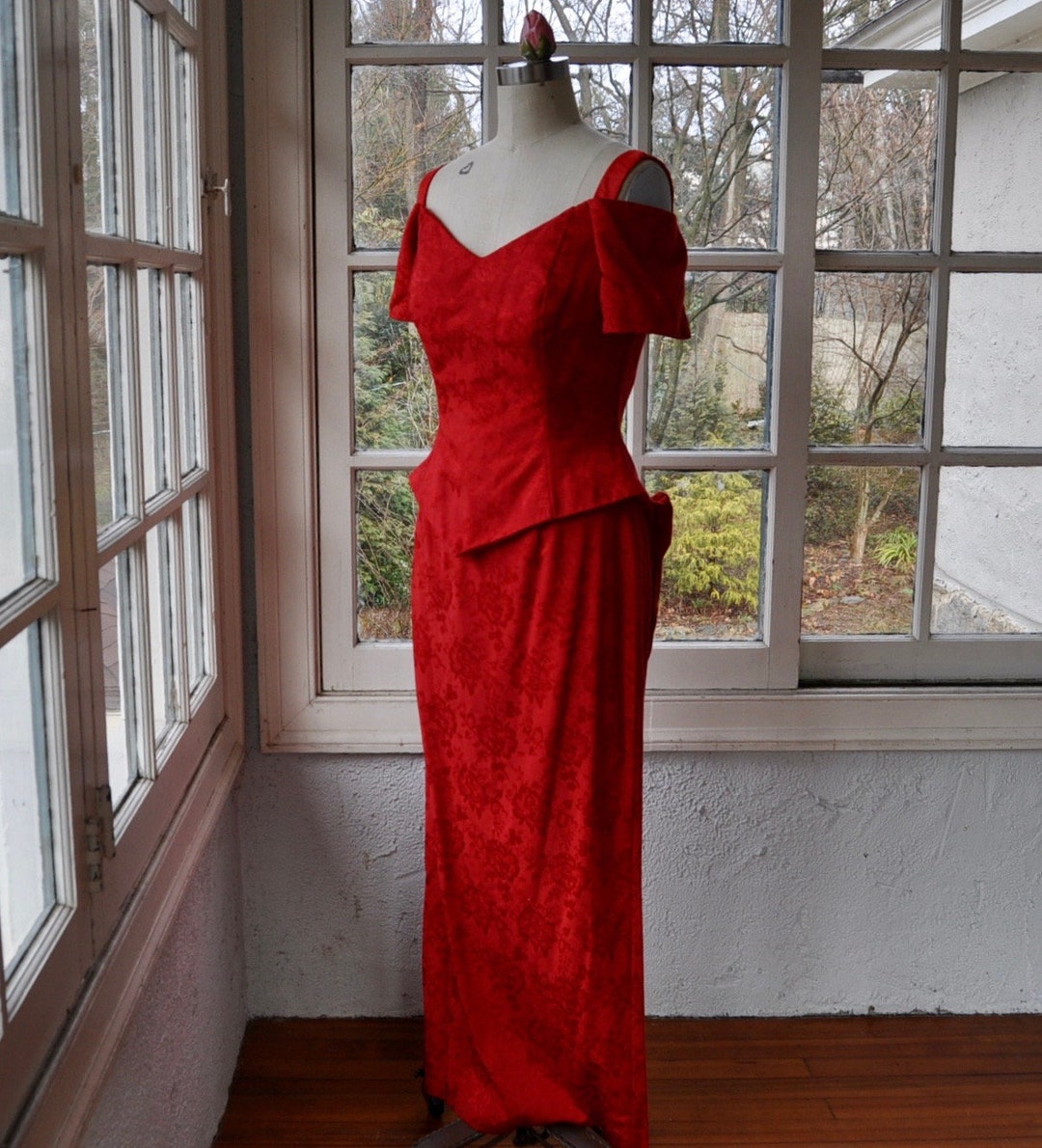 Vintage Figured Red Satin Bustier Formal Dress/off the Shoulder Bustle ...