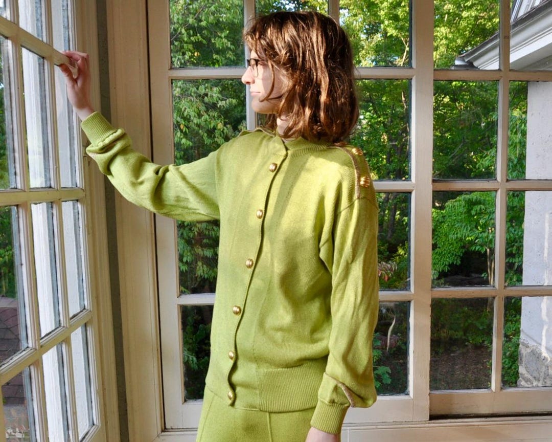 Crazy 80s Glam Vintage Lime Green Cotton Knit Pants Suit/beaded W Gold ...