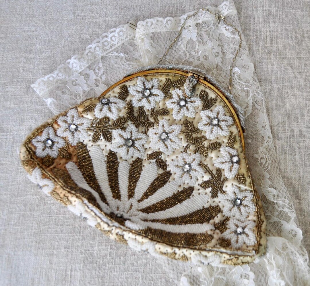 Antique 1920s Ivory Satin Formal Evening Bag W Micro Beading, Gold ...
