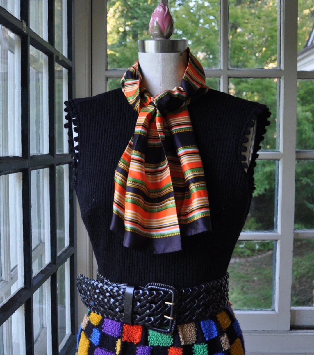 Mod Striped Neck Scarf/vintage 1960s 70s/orange Black Green Long Silk ...