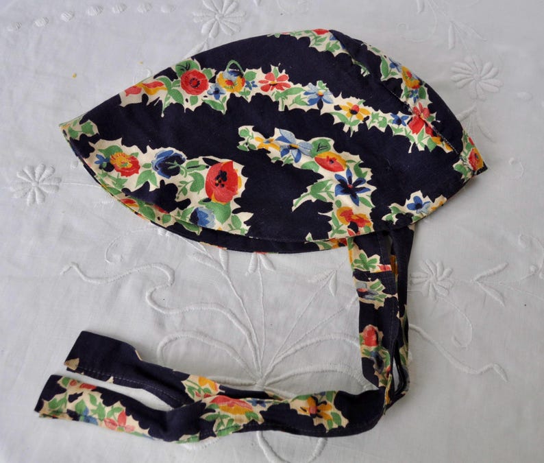 Antique 1930s 40s Sun Bonnet: Colorful Floral Print, Sturdy Navy Blue ...