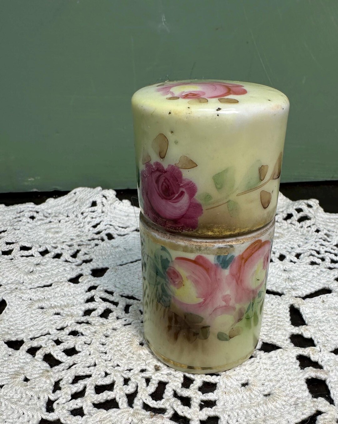 Antique Porcelain MATCH Qtip Trinket BOX Lipstick Jar Powder Art ...