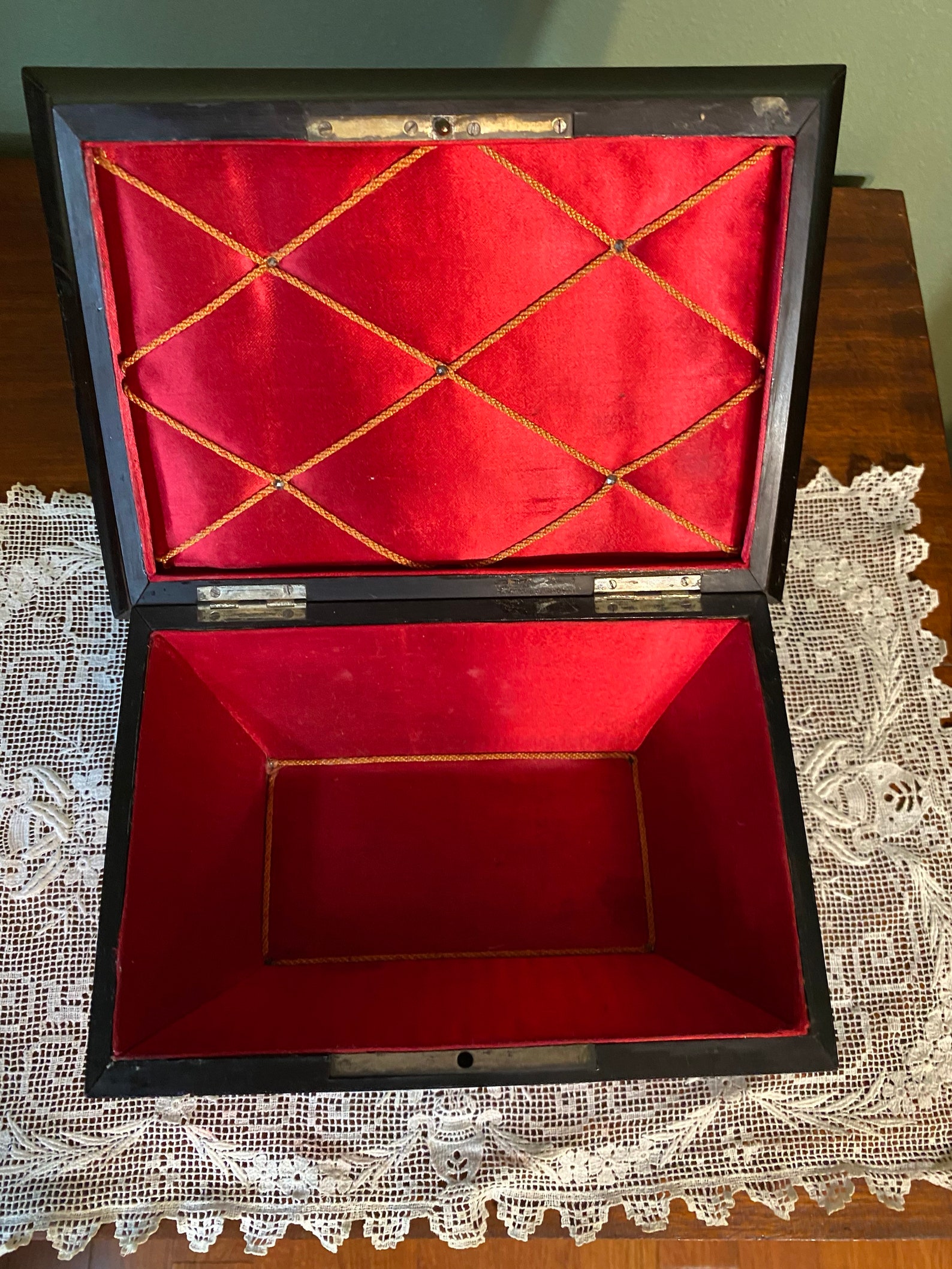 Primitive Antique Tea Box Red Silk Lined Gorgeous Inlay Abalone Metal ...