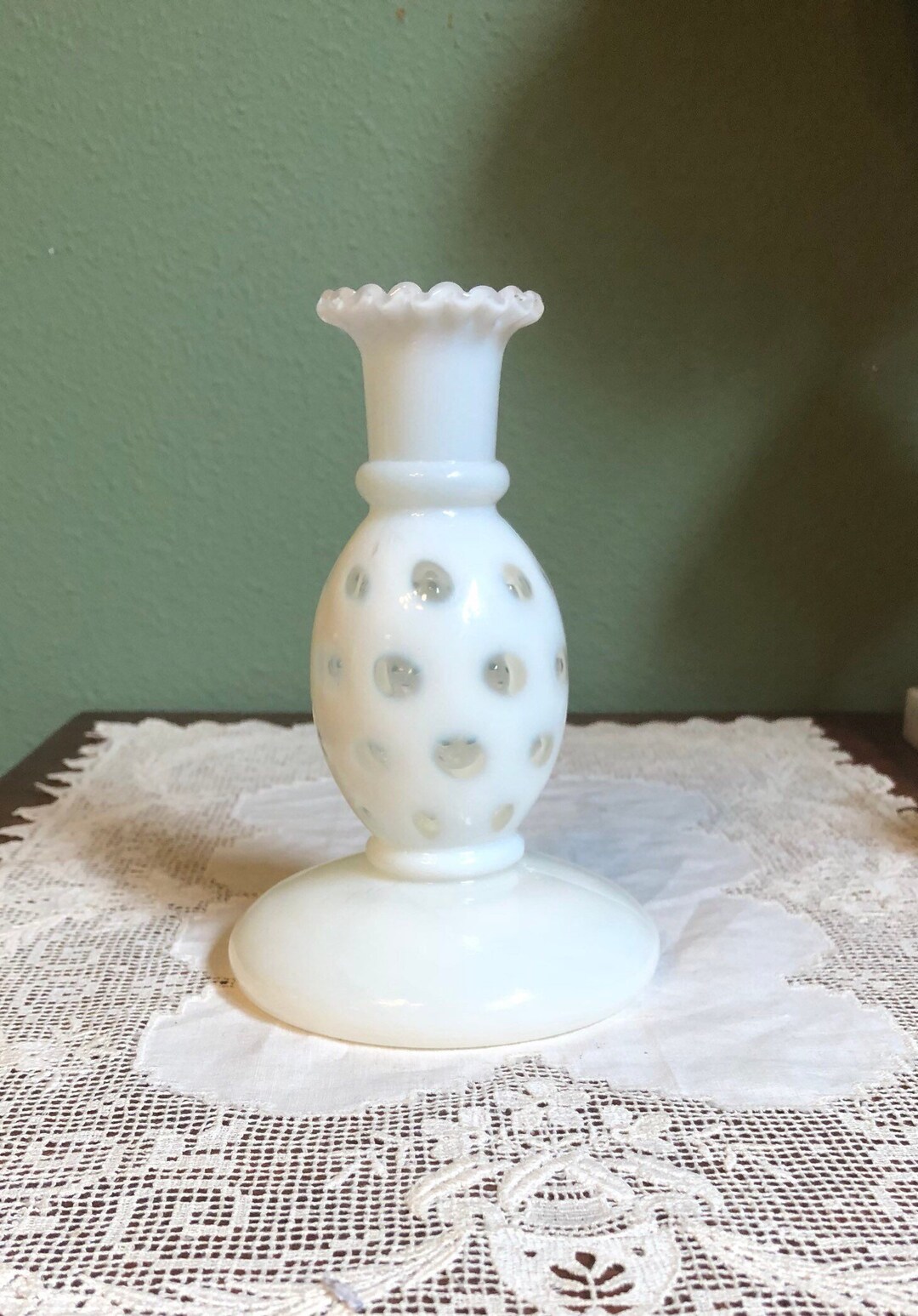 Antique Fenton Art Glass CANDLESTICK Candle Stick Holder Coin Spot Dot ...