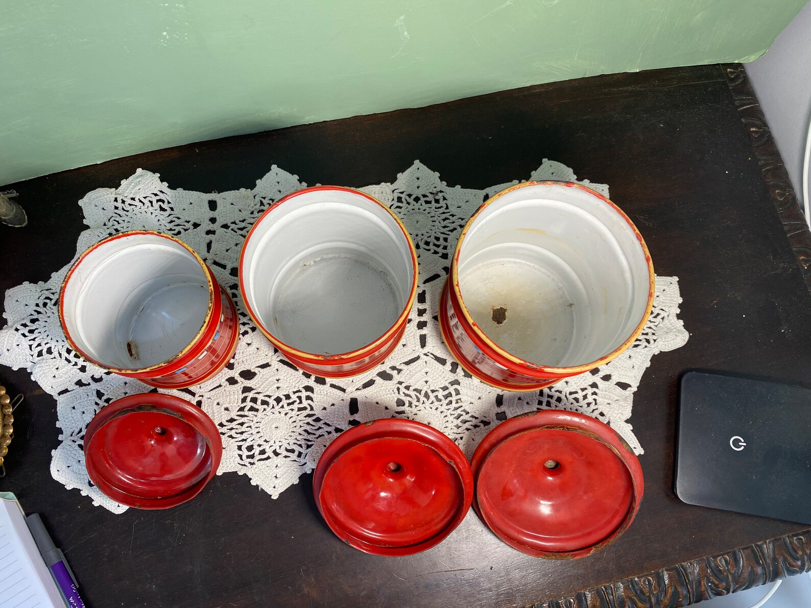 Antique French Enamel CANISTER Set Red Blue White Checker - Etsy