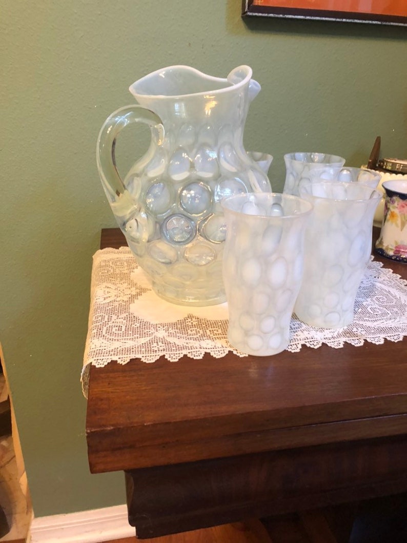 Vintage Fenton Opalescent Coin Spot Dot Pitcher and 5 Tumblers Glass ...
