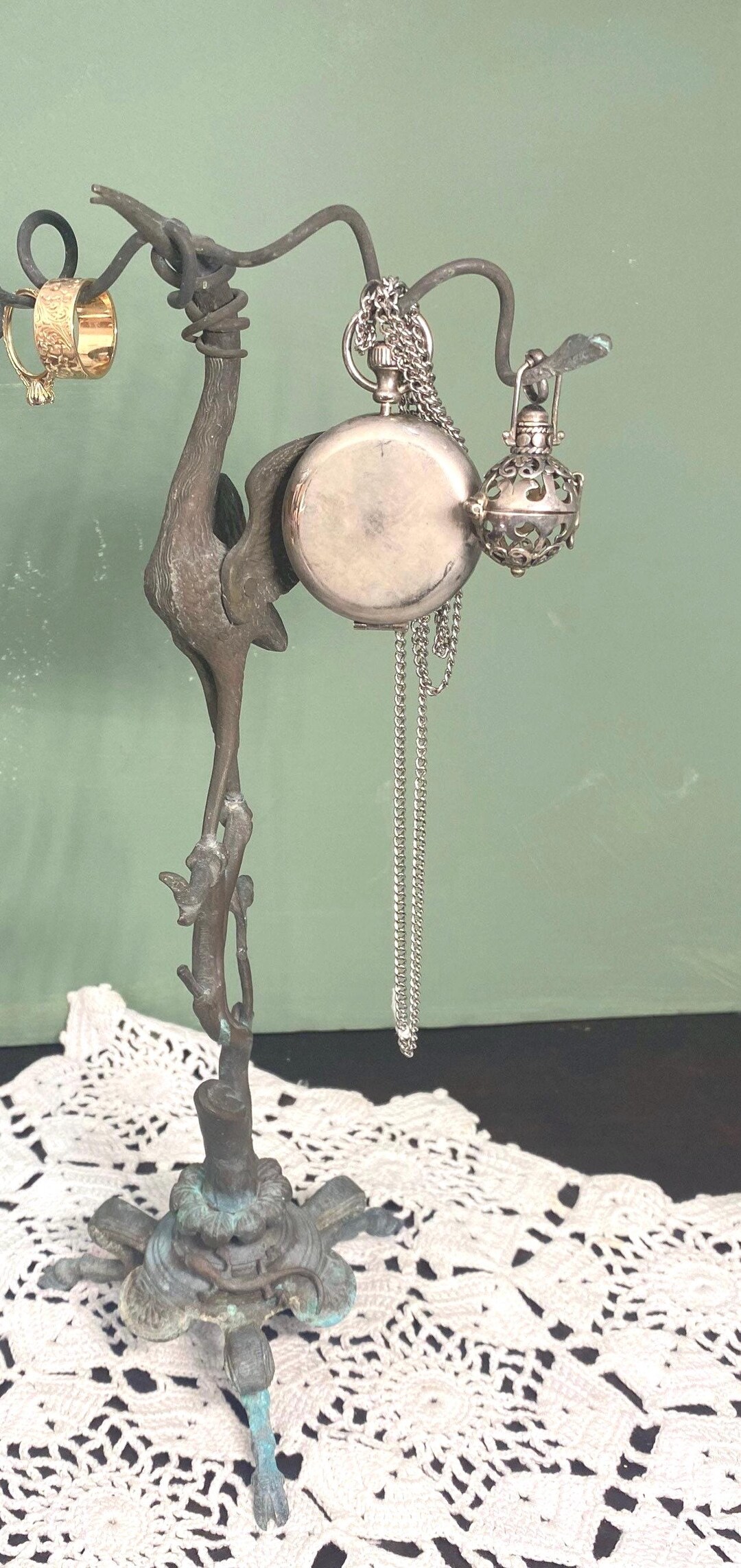 Antique BRONZE JEWELRY STATUE Crane Snake Lizard Pocket Watch Holder - Etsy