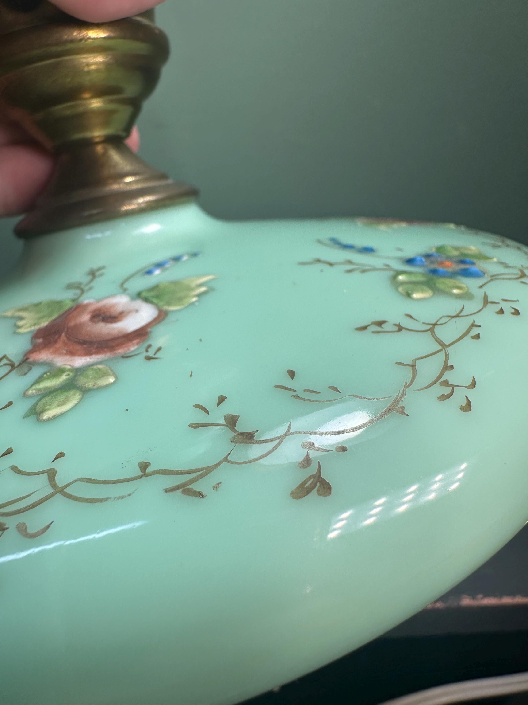 Antique Vaseline Art Deco LAMP Light Uranium Glass Jadite Pancake Roses ...