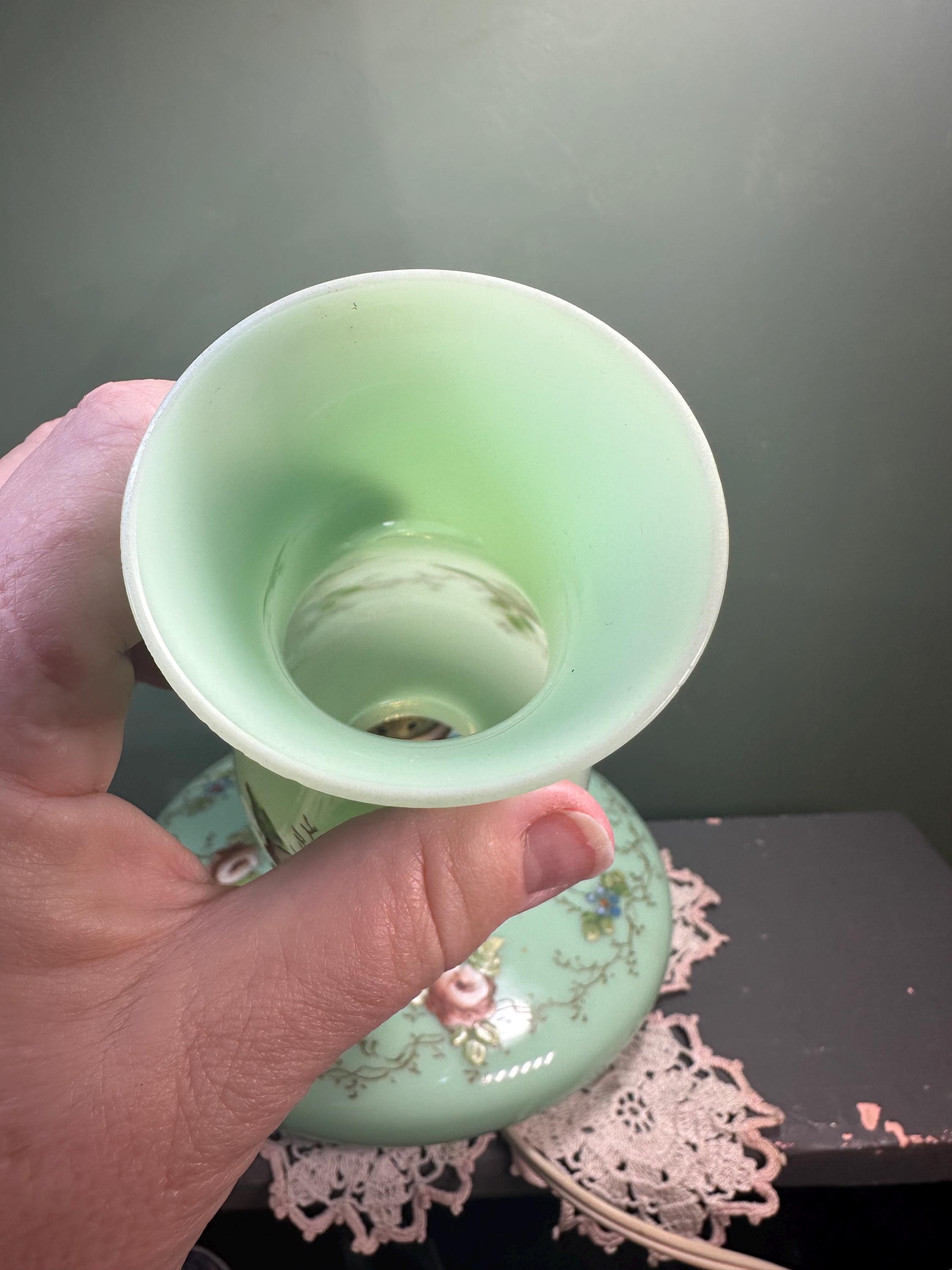 Antique Vaseline Art Deco LAMP Light Uranium Glass Jadite Pancake Roses ...
