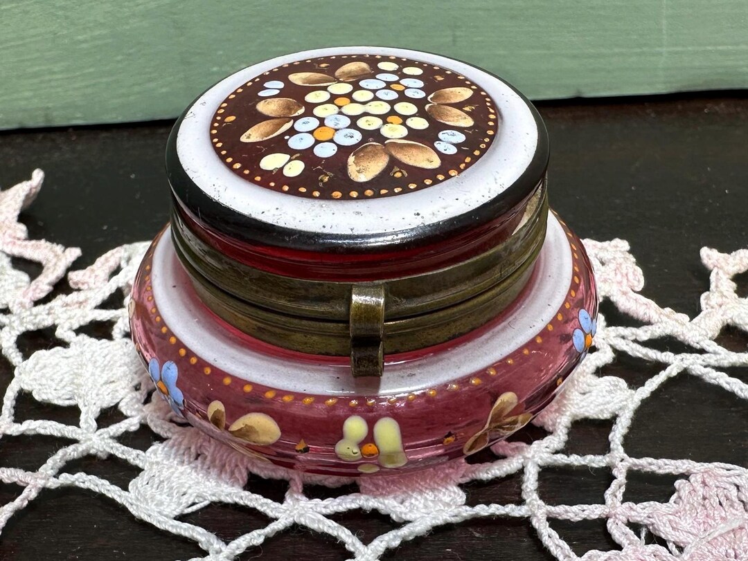 Antique Victorian Pill Trinket BOX Patch Glass Cranberry Moser Scroll ...
