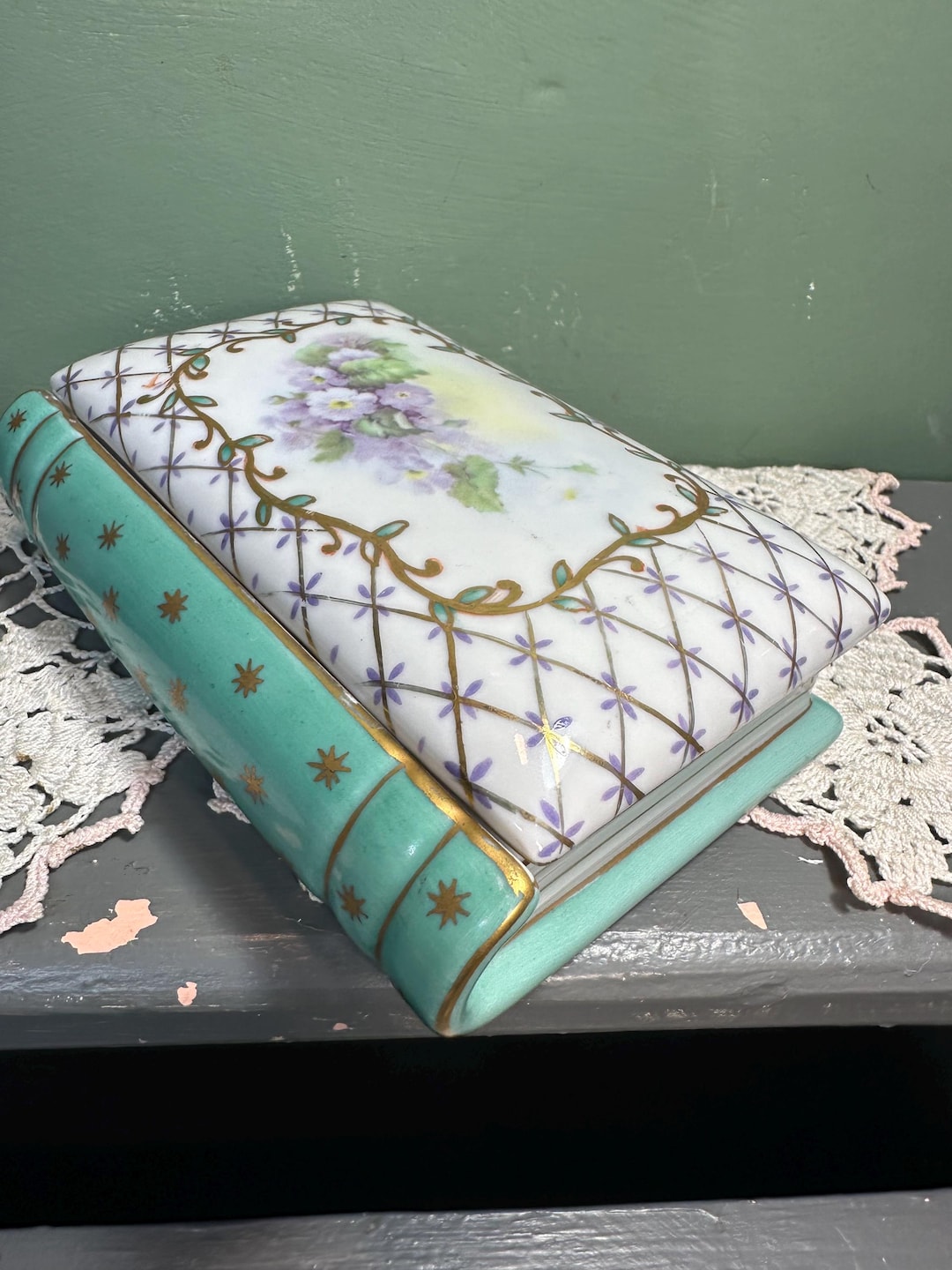 Vintage Limoges Porcelain BOOK Covered Trinket BOX Purple Violets Paris ...