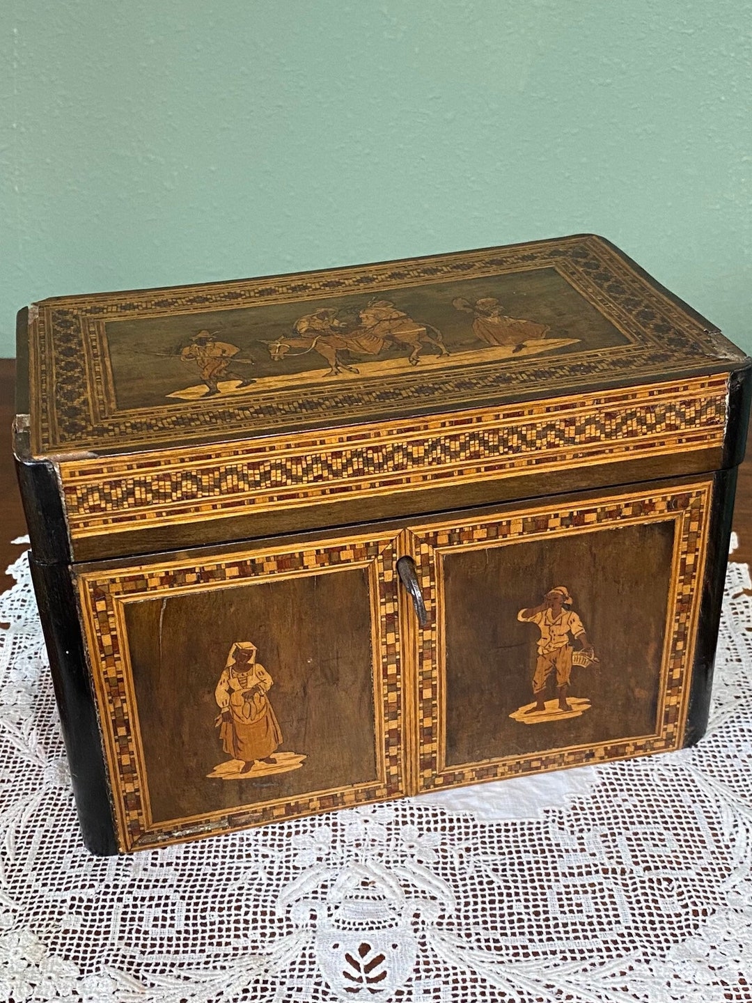 Primitive Antique TEA BOX CADDY Inlay Rosewood Cabinet Walnut Wood ...