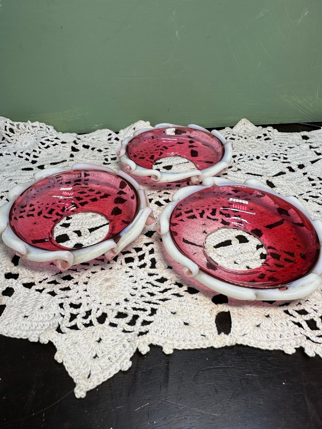 Victorian Bobeches Cranberry White Rigaree Candle Drip Cups Glass ...