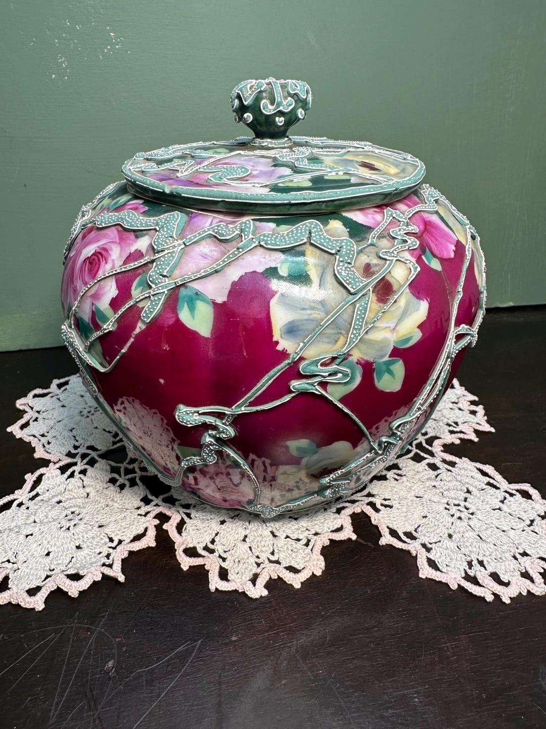 Vintage Nippon Ruby Red Humidor Biscuit Jar BOX Japan Enamel Porcelain ...