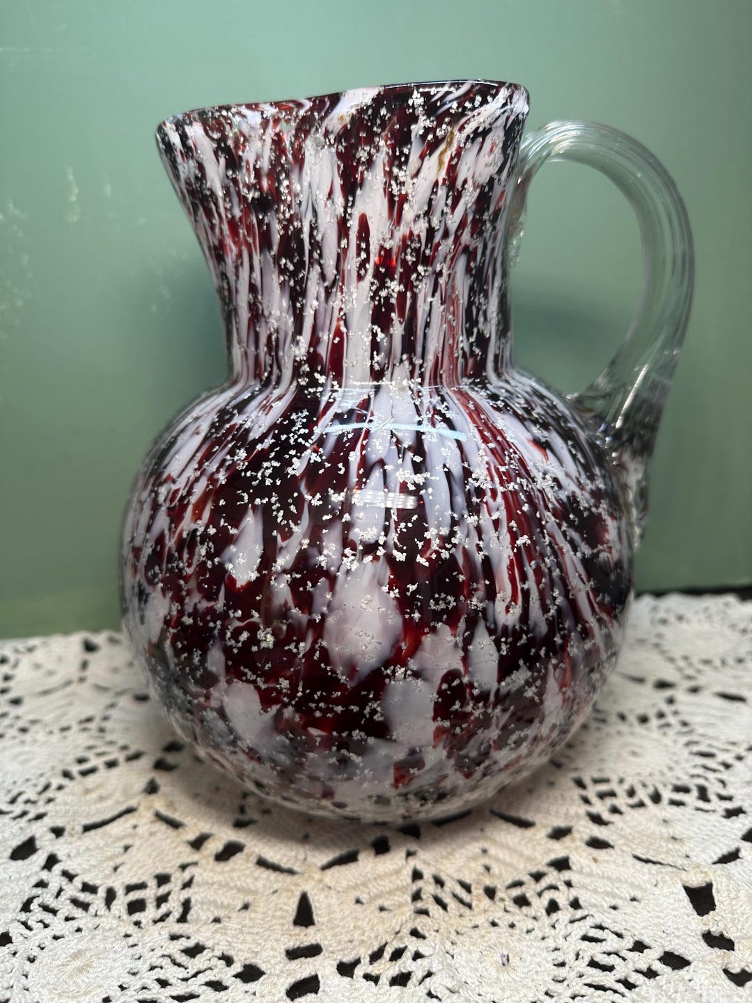 Victorian PITCHER Red Pink Blue Spatter Mica Antique Art Glass Water ...