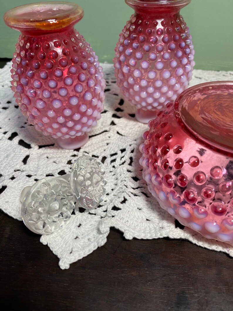 Antique Fenton Hobnail Cranberry DRESSER SET Powder Box - Etsy
