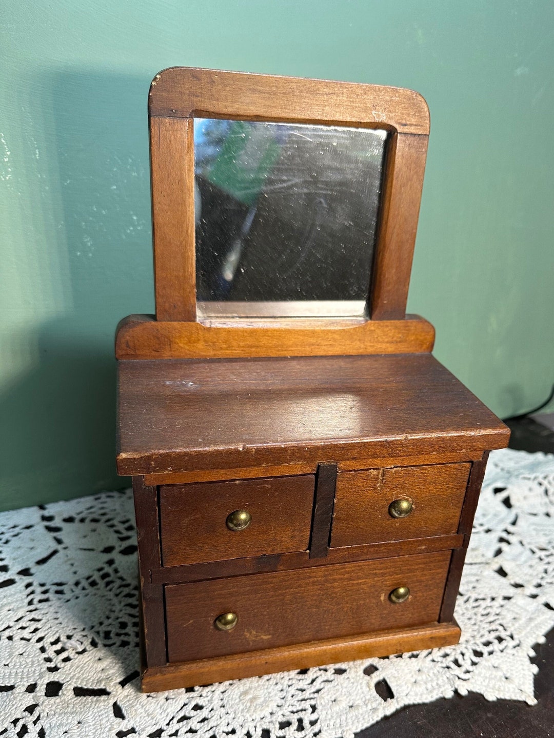 Antique Chest DRAWERS Dresser With Mirror Walnut Wood Mini Miniature ...