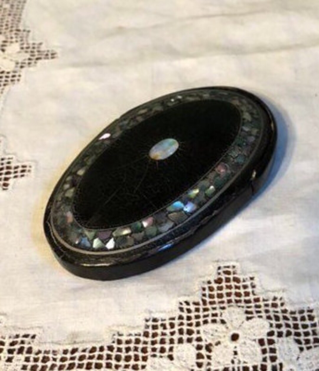 Antique MOP BOX Lacquer Lidded Inlay Victorian Stamp Lens Coin Wood Box ...