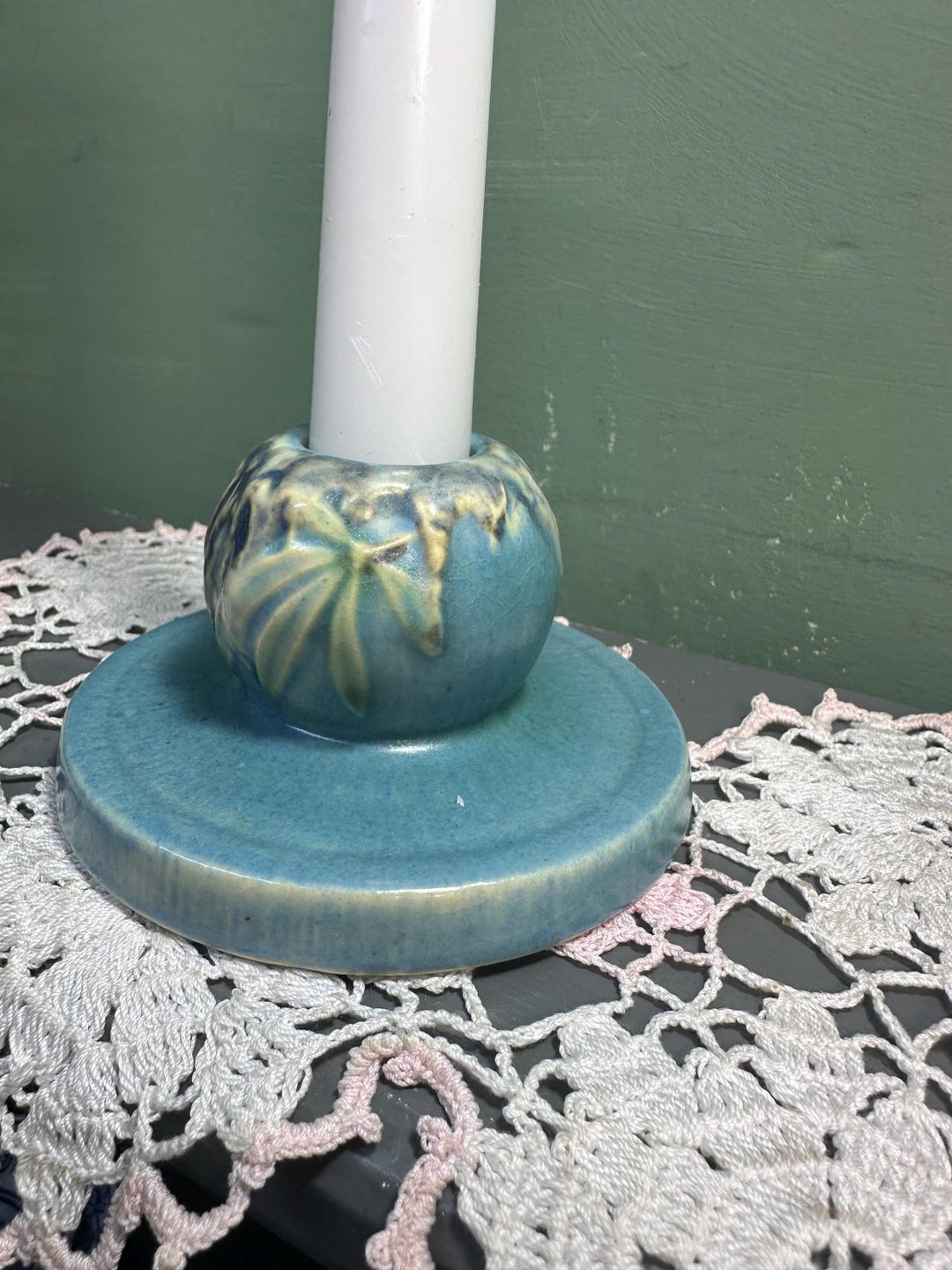 Roseville CANDLESTICK Moss Pottery Shiny Glaze - Etsy