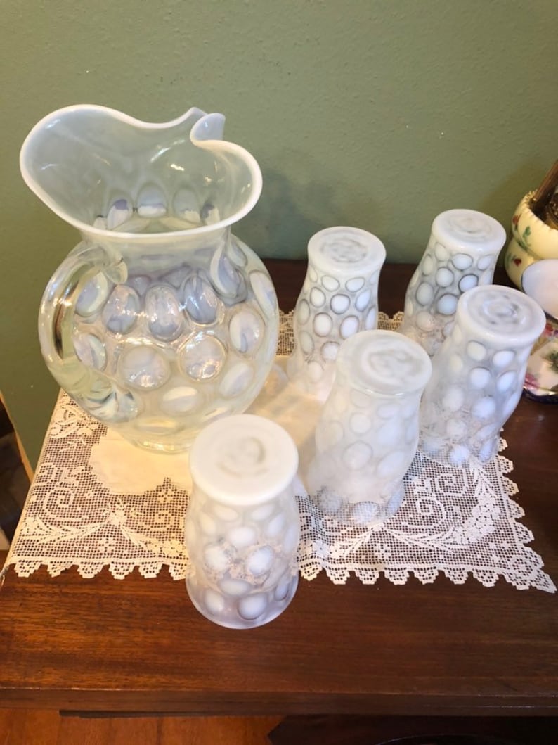 Vintage Fenton Opalescent Coin Spot Dot Pitcher and 5 Tumblers Glass ...