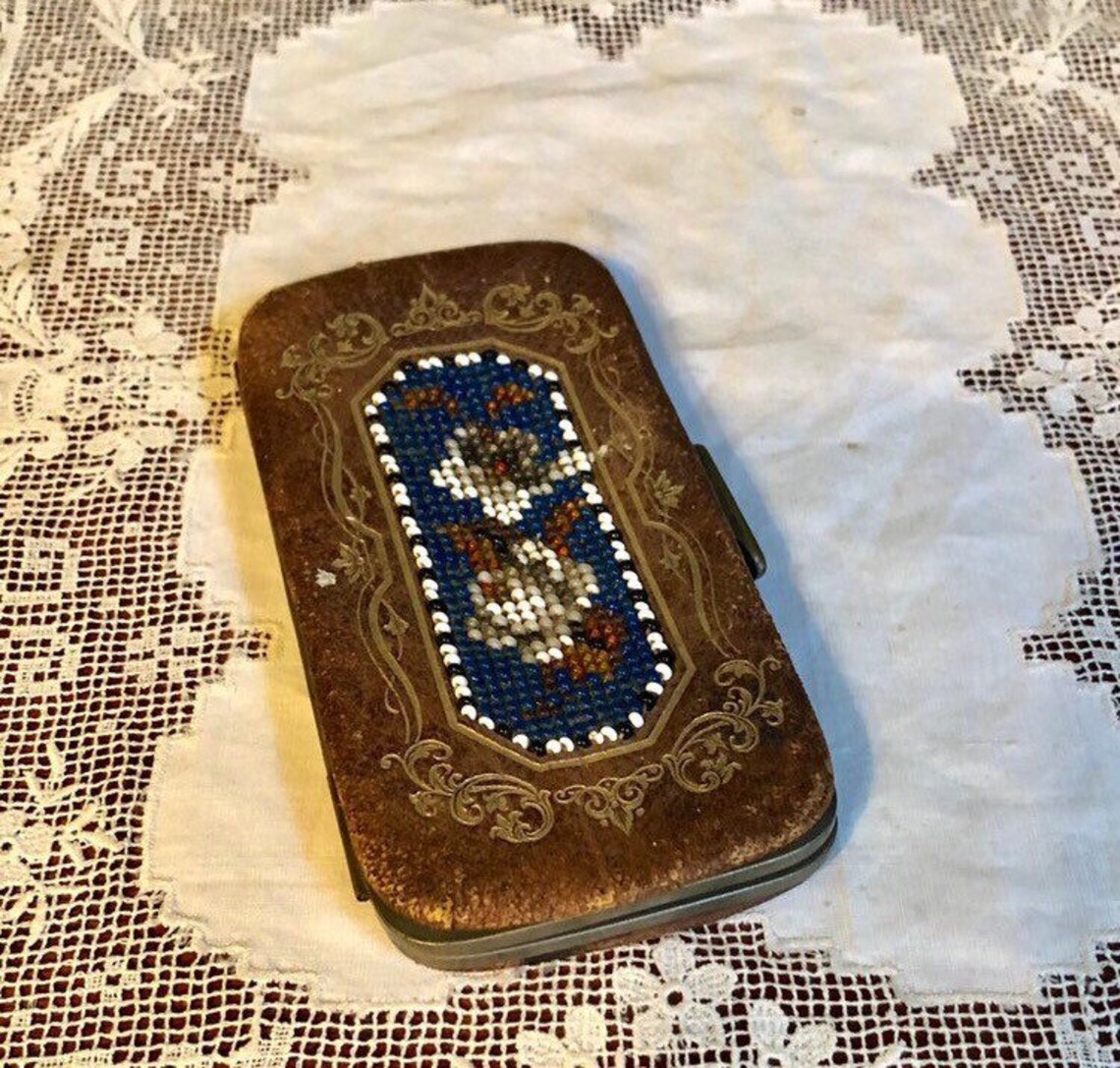 Antique Leather BEADED Eyeglass Compact Makeup Cigarette CASE Womens ...