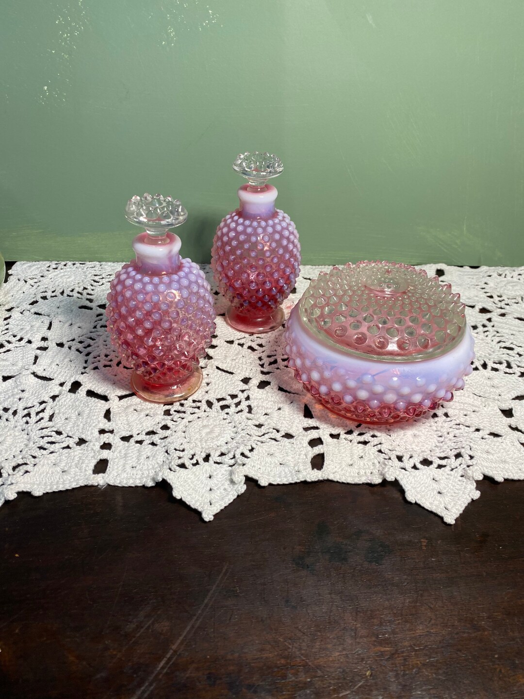 Antique Fenton Hobnail Cranberry DRESSER SET Powder Box Perfume Bottles ...