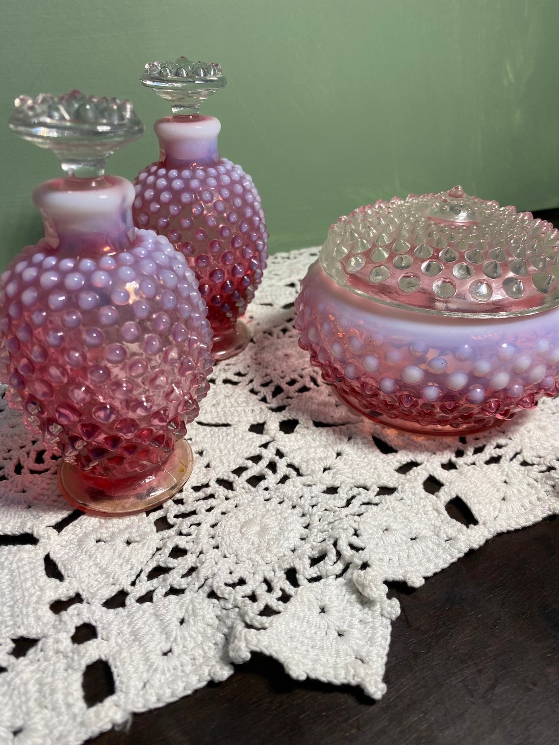 Antique Fenton Hobnail Cranberry DRESSER SET Powder Box - Etsy