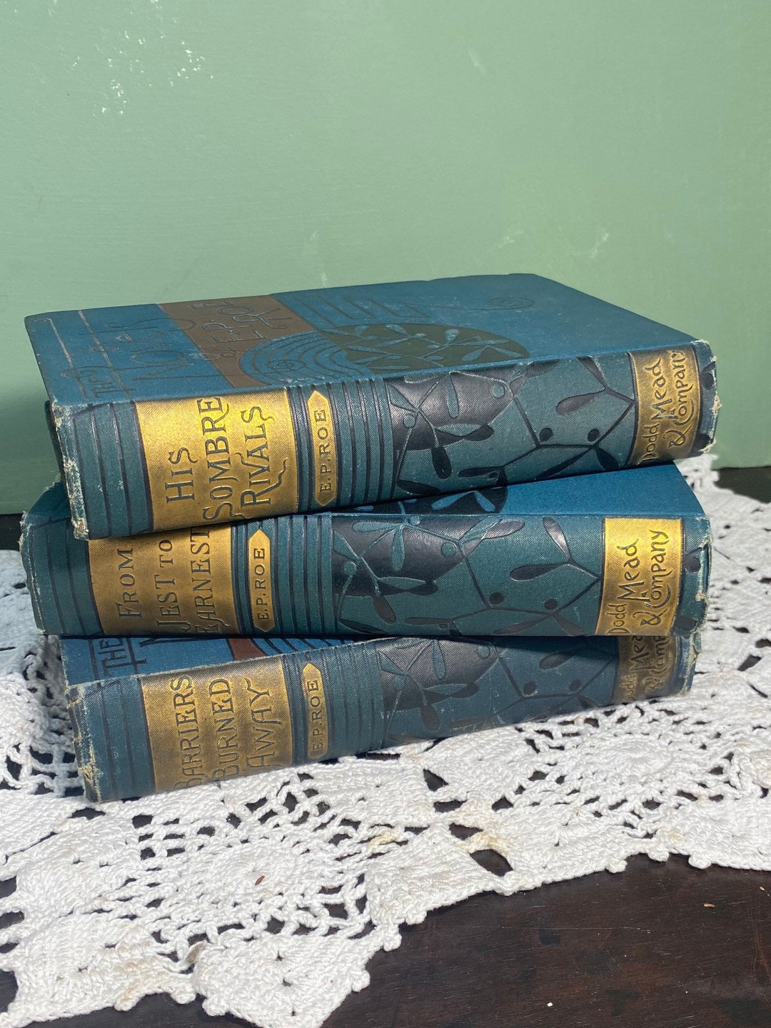 Antique Library BOOKS Blue Desk Ted Gold Dodd Mead and Co E. P. Roe 3 ...