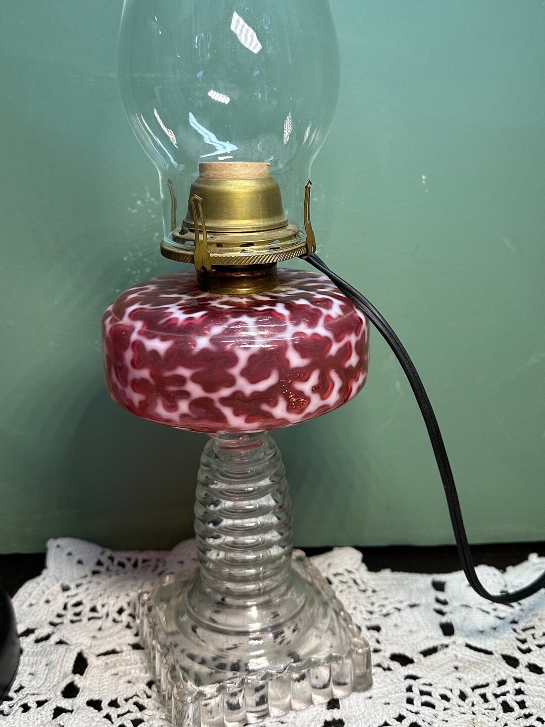 Antique Coral Reef Art Glass Cranberry LAMP Globe Oil Lantern Shade ...
