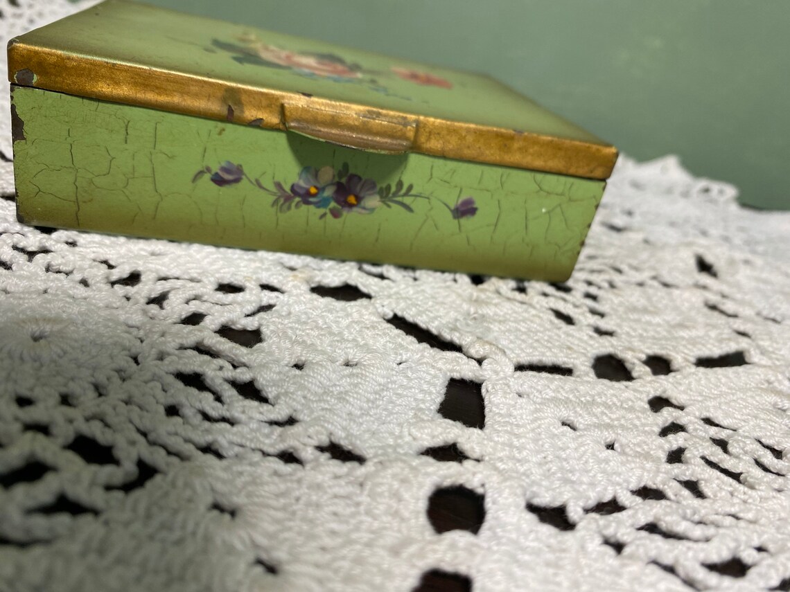 Antique Metal BOX Tole Hand Painted TIN Gorgeous Floral Dresser ...