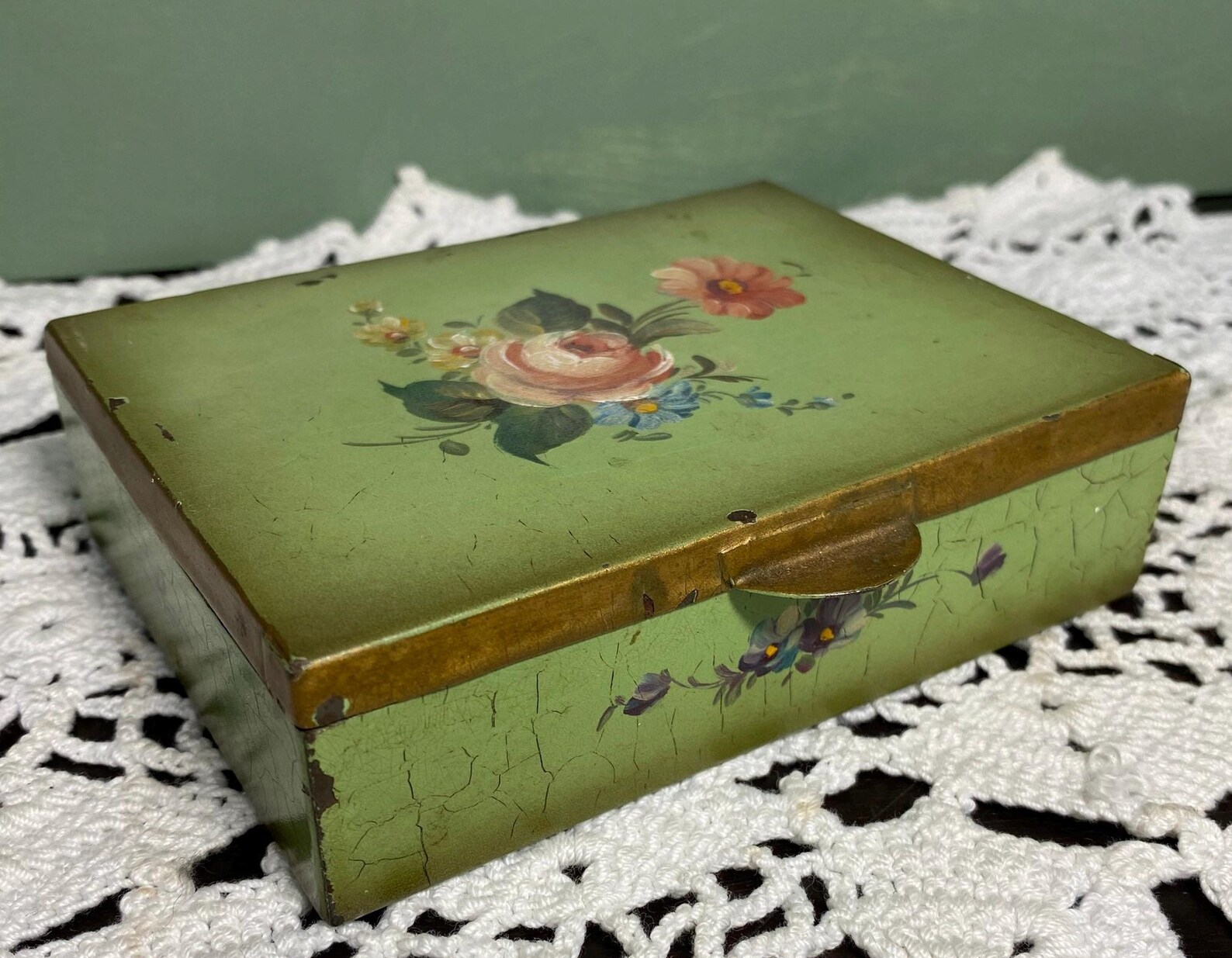 Antique Metal BOX Tole Hand Painted TIN Gorgeous Floral Dresser ...