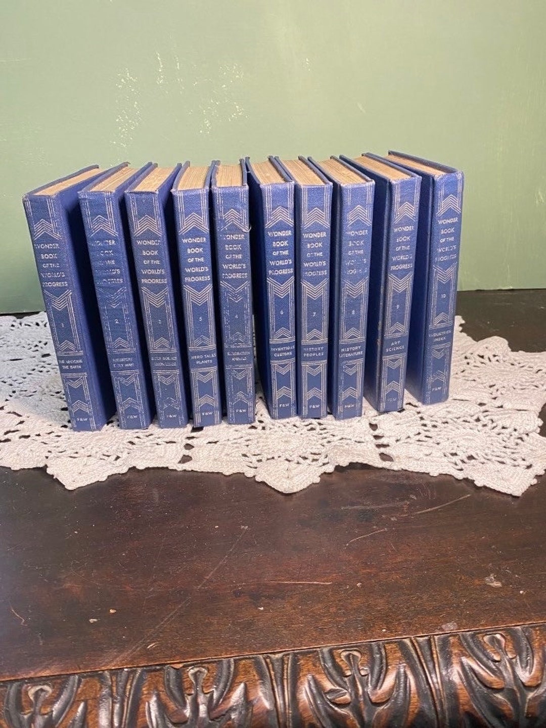 Antique Library BOOKS Blue Desk Encyclopedias 10 Volumes Mini Miniature ...