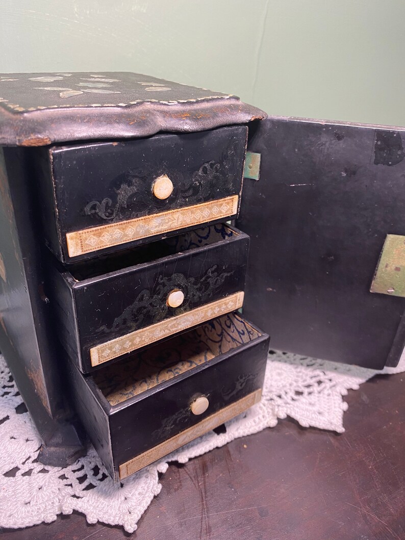 Antique BOX Abalone MOP Inlay Victorian Dresser Drawers CHEST Safe Wood ...