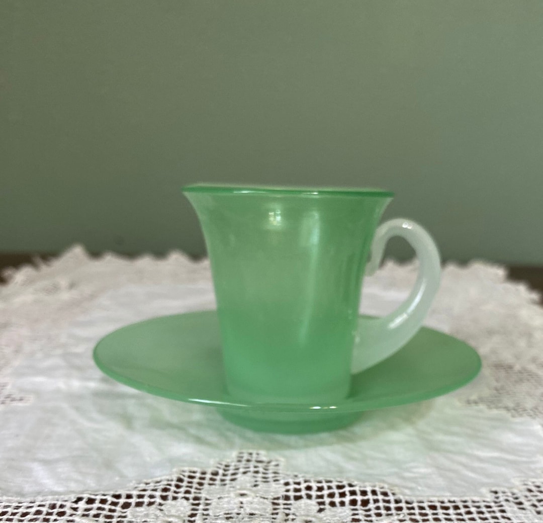 Antique Alabaster Jade Glass Demitasse Cup Saucer Signed Steuben Banner ...