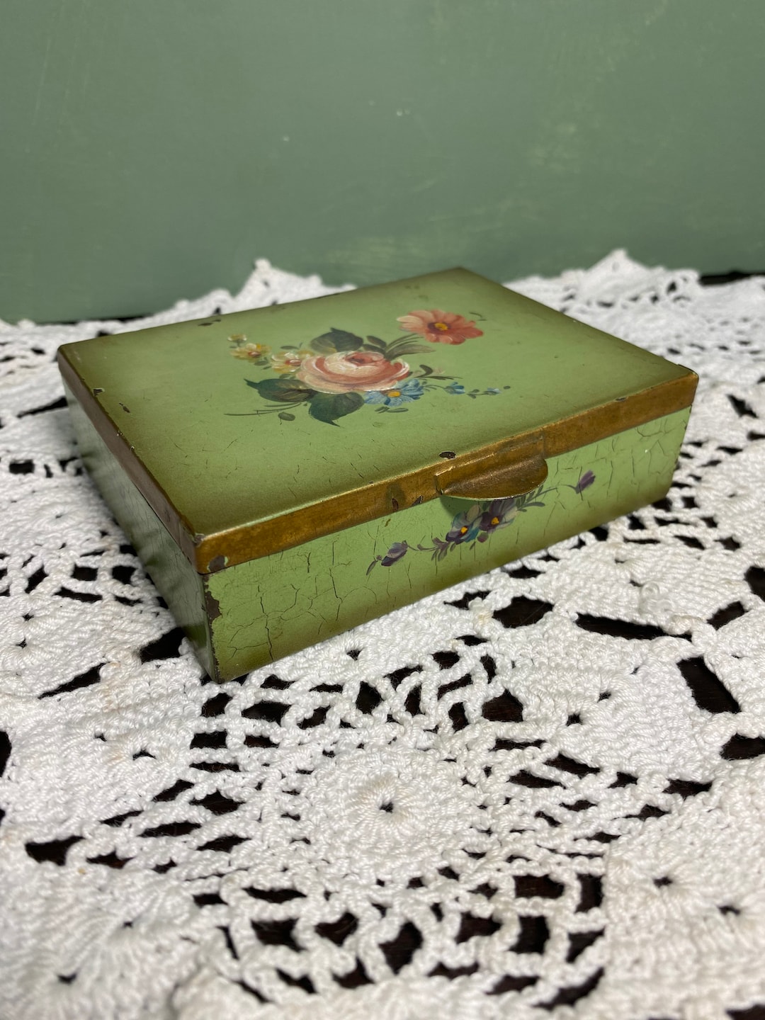 Antique Metal BOX Tole Hand Painted TIN Gorgeous Floral Dresser ...
