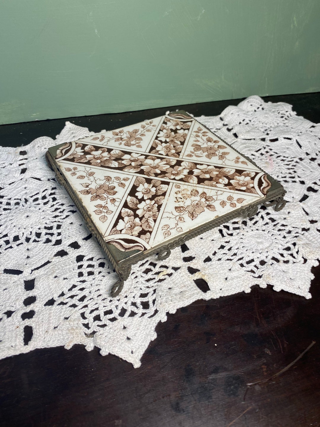Antique Porcelain TILE TRIVET Metal Frame England Transferware - Etsy