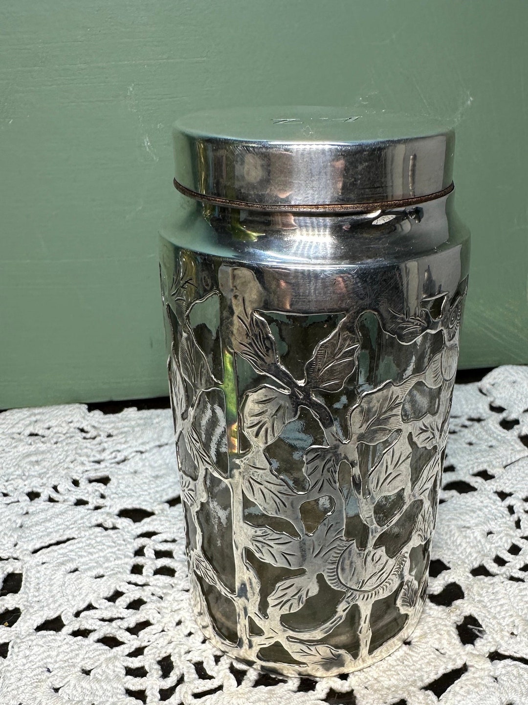 Antique FLASK Screw on Lid Overlay Decanter Bottle Liquor Hooch Trinket ...