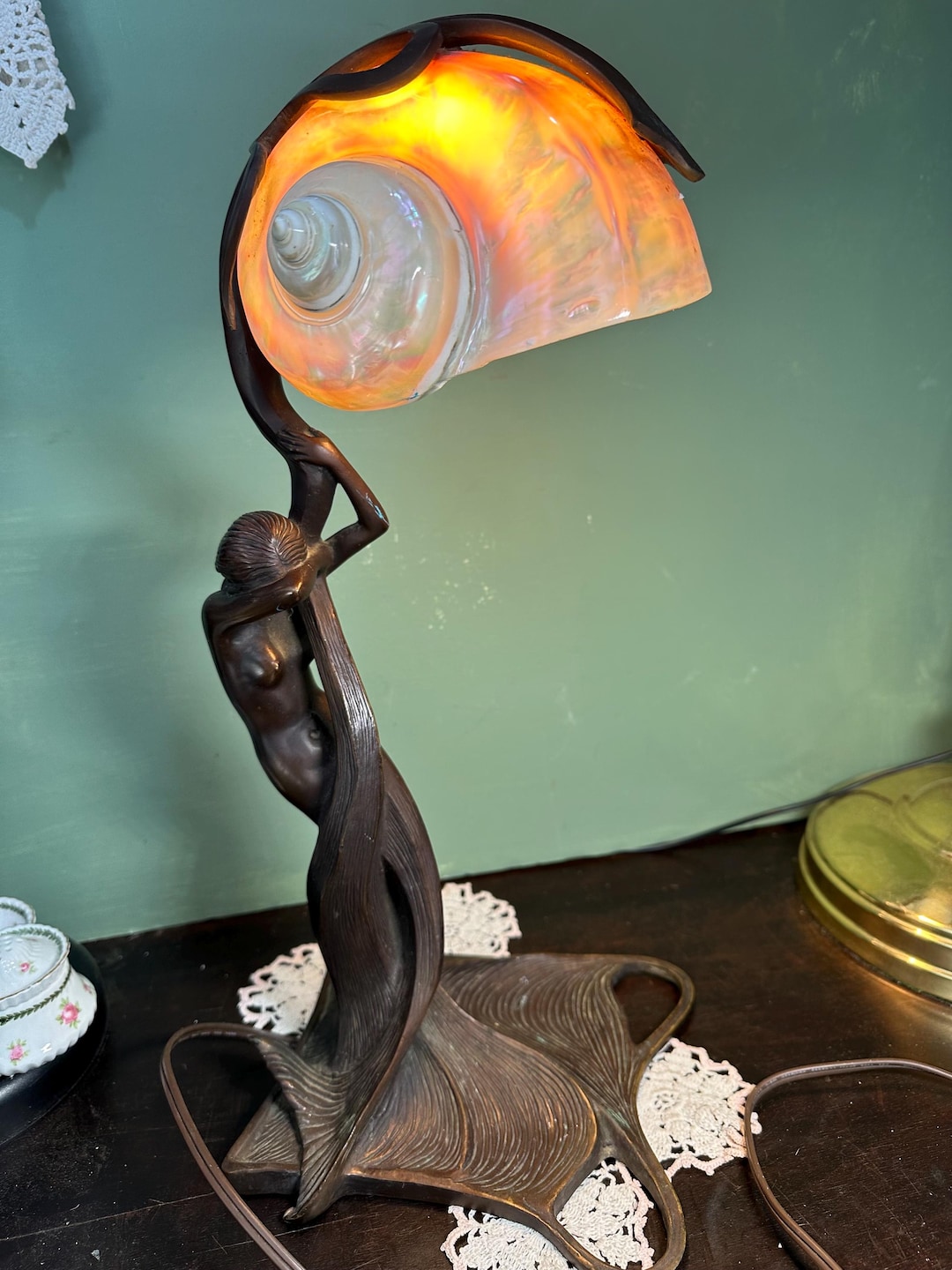 Antique LAMP Bronze MERMAID Nautilus - Etsy