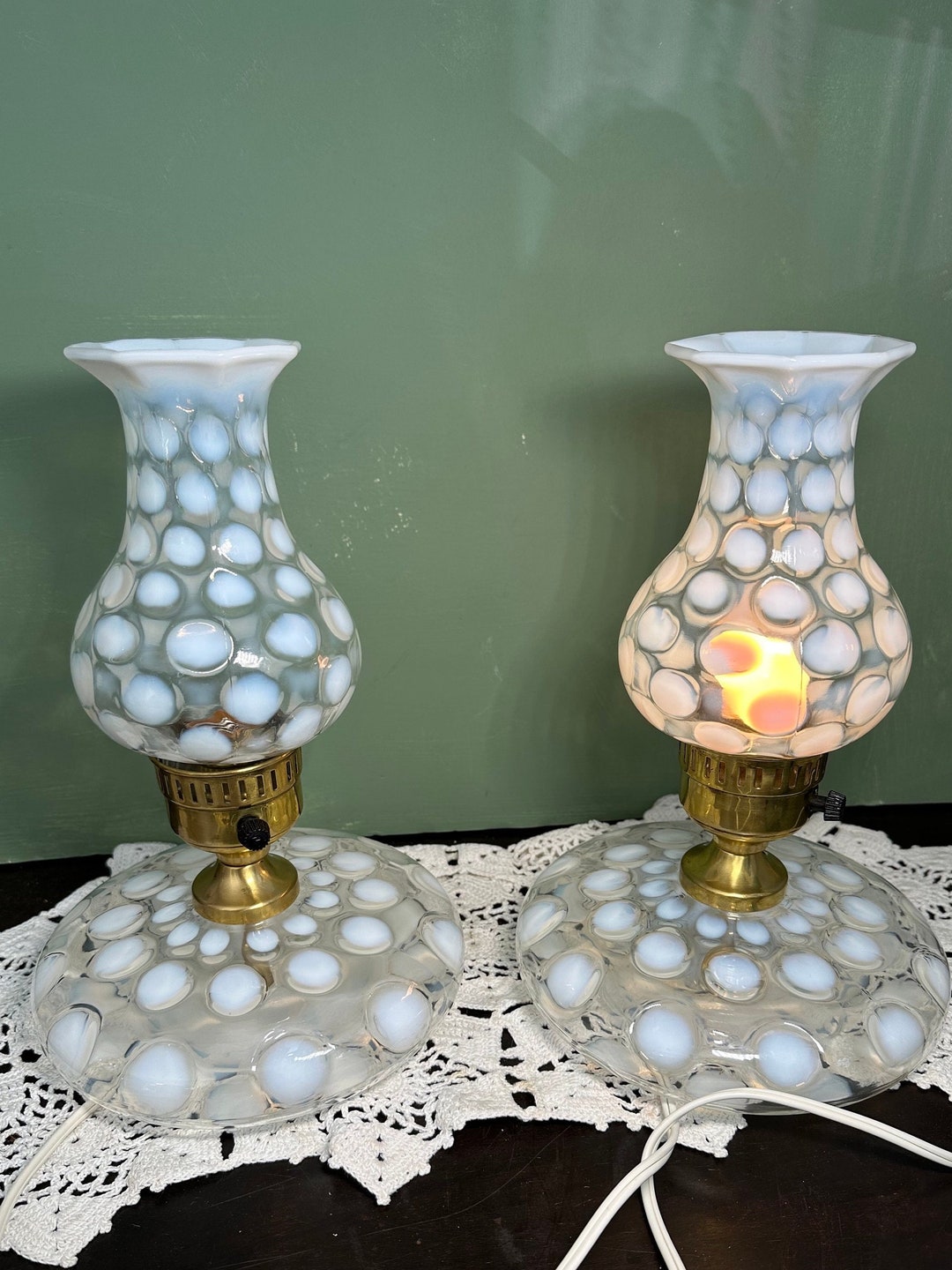 Antique Pair Fenton PANCAKE Lamps Coin Spot Dot Art Deco LAMP Light ...