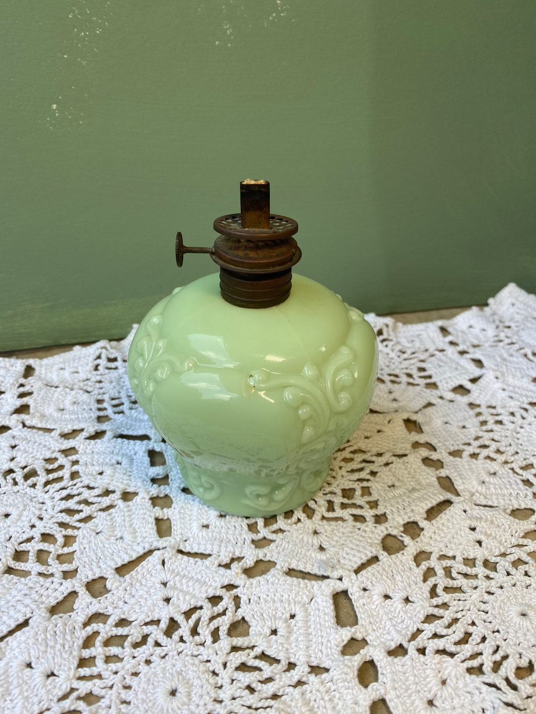 Antique Mini Miniature OIL LAMP Vaseline Scrolls Victorian Art Glass - Etsy