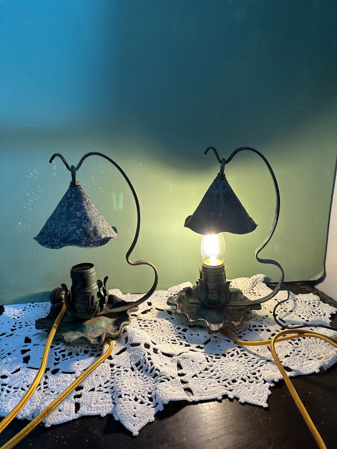 Antique Set LIGHT End Tables Desk Art Nouveau LAMP Cast Iron Sconce ...