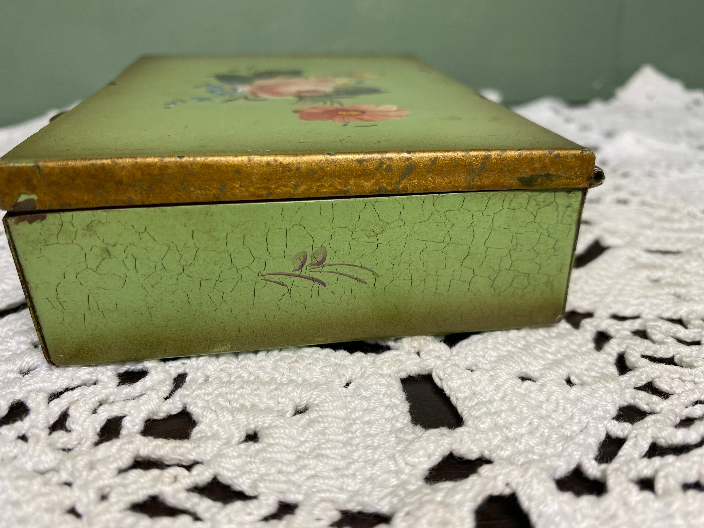 Antique Metal BOX Tole Hand Painted TIN Gorgeous Floral Dresser ...